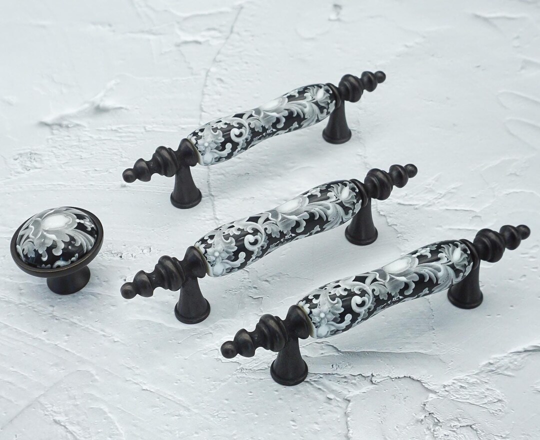 3"ceramic Cabinet Knob Handles Dresser Pull Antique Black Flower Drawer Pulls Handles Kitchen ...