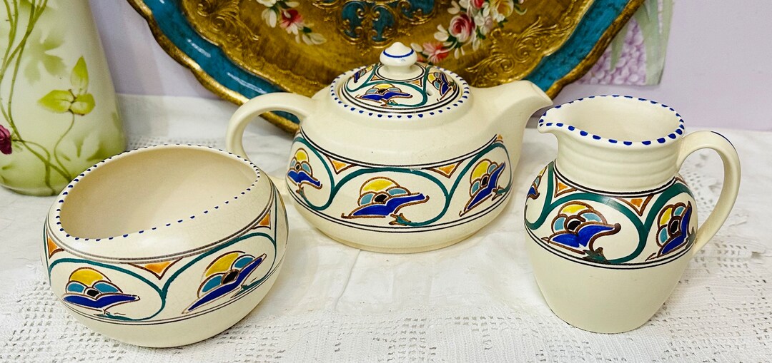 1950s Art Deco Honiton Devon Pottery Teapot, Milk Jug & Sugar Basin ...