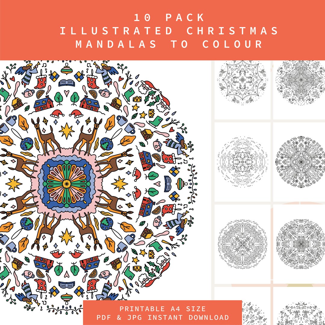 Pack 10 Printable Illustrated Christmas MANDALAS / Download Christmas ...