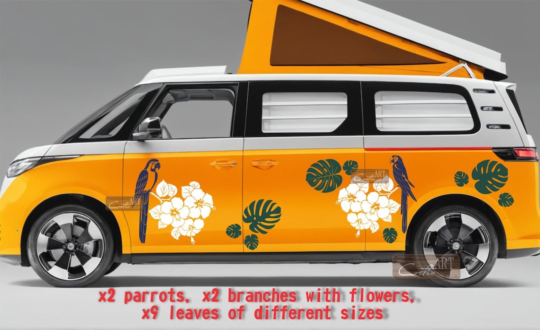 Set Tropical Exotic Flowers Parrots Leaves Van Jeep Caravan Camper ...