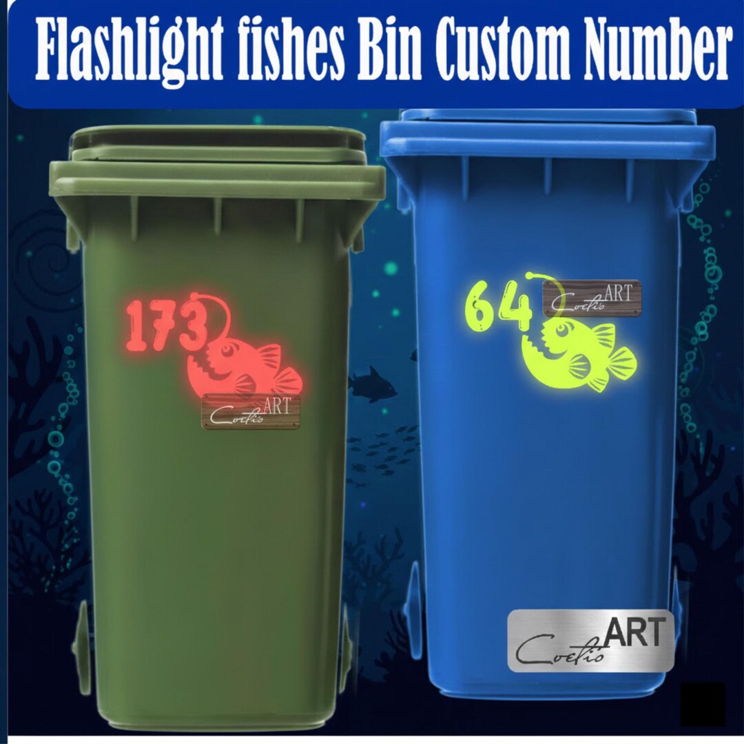 Flashlight Fish Wheelie Bin Sticker: Custom Number Vinyl Decal, Glow in ...