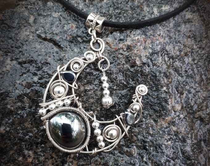 Hematite Crescent Moon Pendant German Silver Wire Wrapped - Etsy