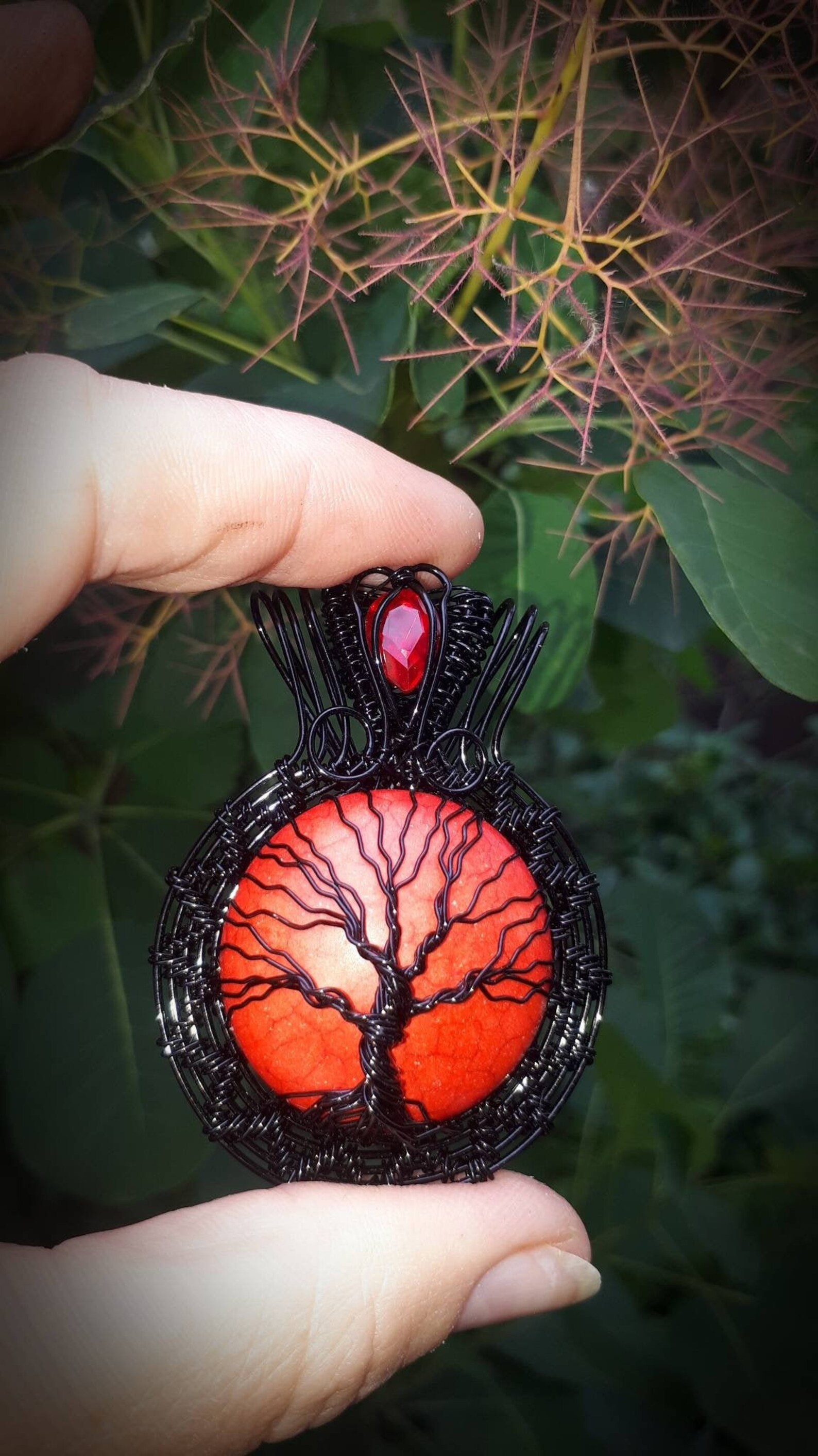 Black wire wrapped Tree of life pendant with red Coral Wire | Etsy