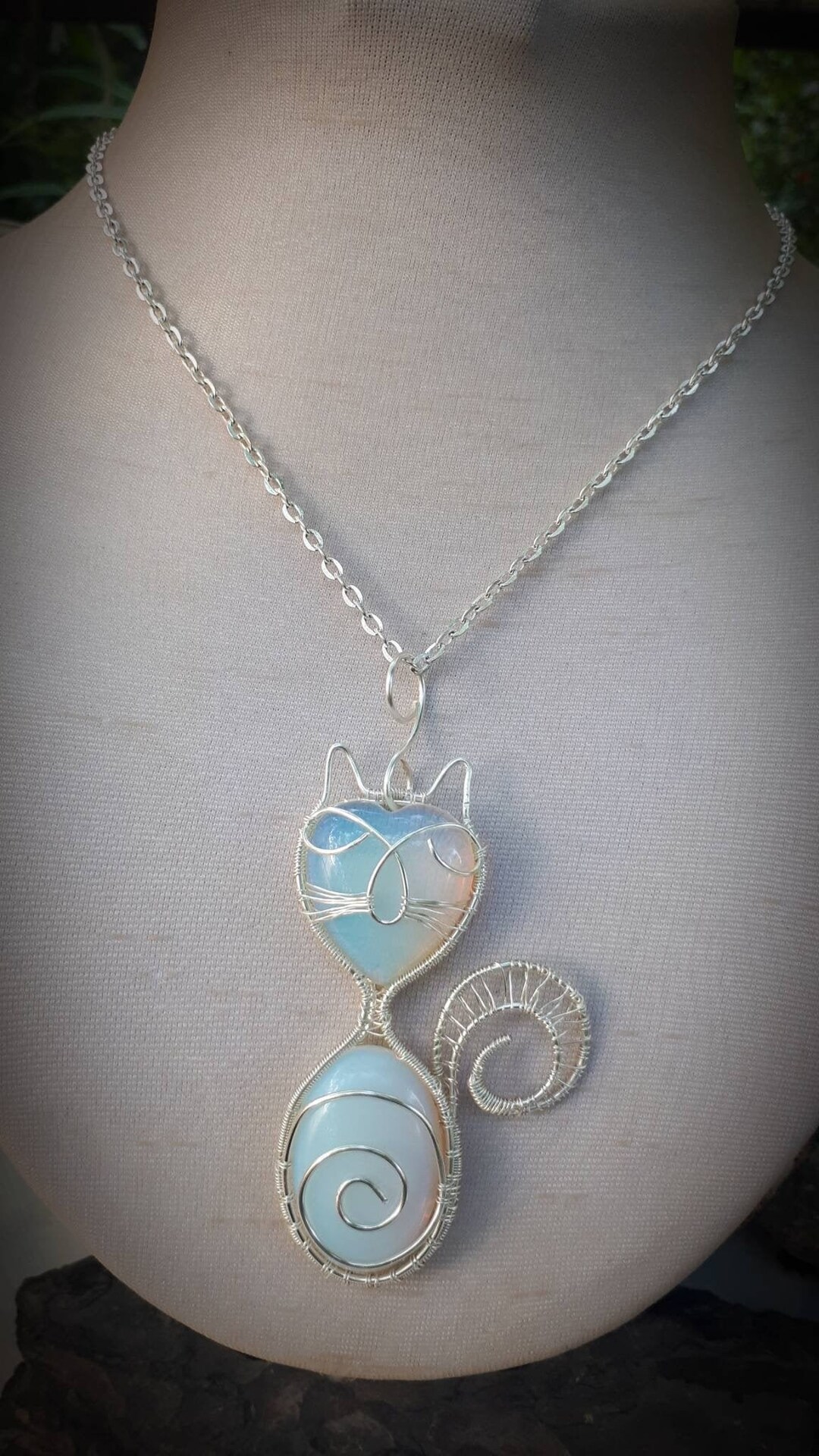 Moonstone opalite Kitty Pendant, Wire Wrapped Cat Silver Necklace, Wire ...