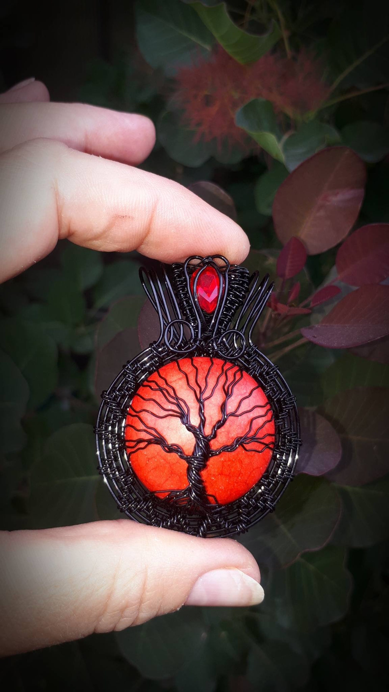 Black wire wrapped Tree of life pendant with red Coral Wire | Etsy