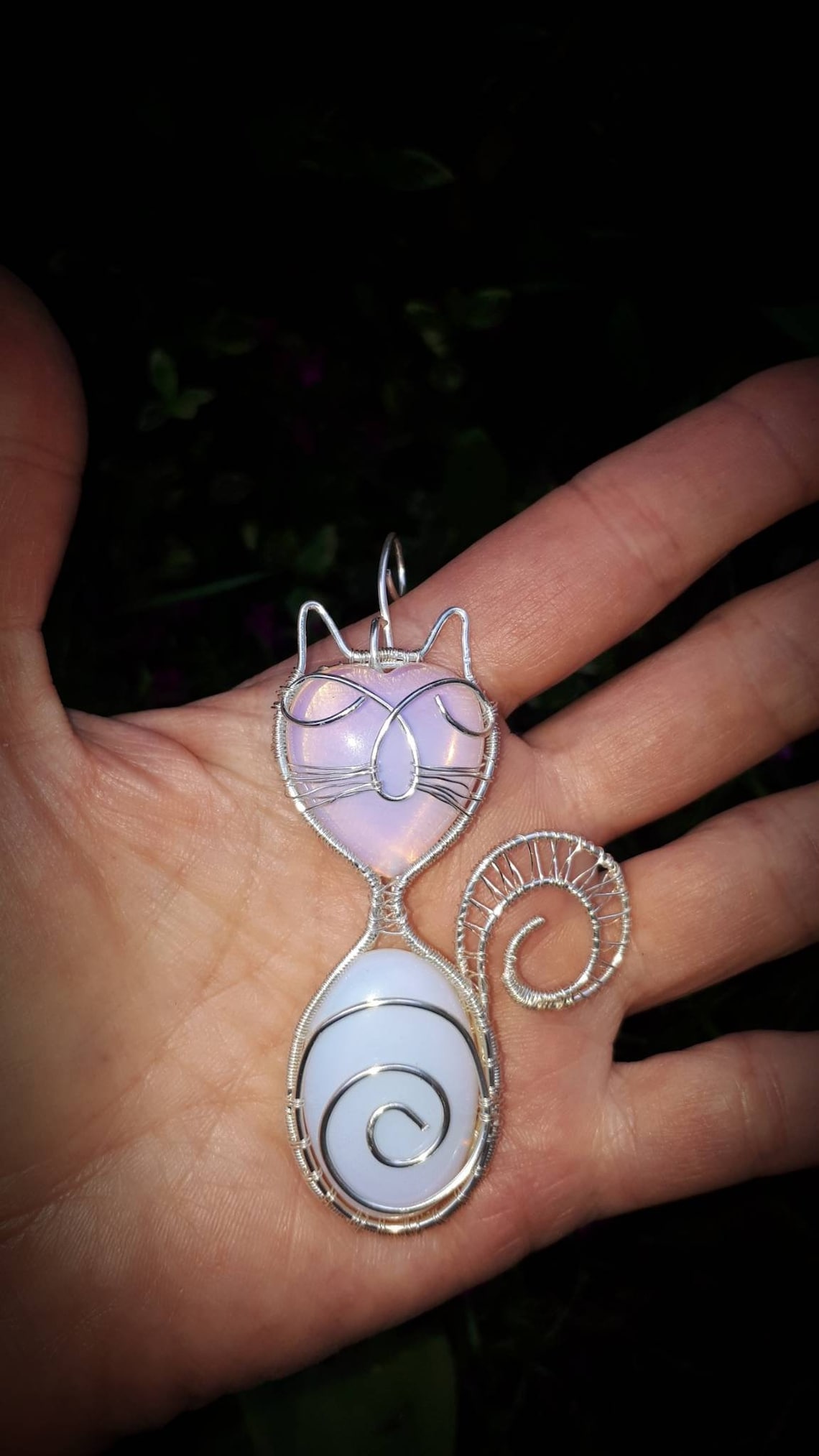 Moonstone opalite kitty pendant Wire Wrapped cat Silver | Etsy