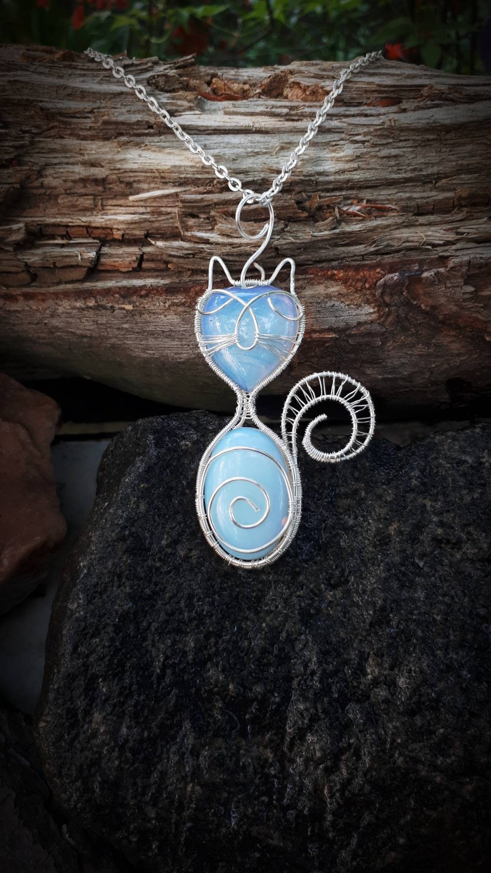 Moonstone opalite kitty pendant Wire Wrapped cat Silver | Etsy