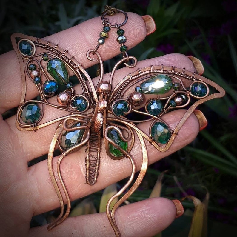 Crystal Butterfly Pendant Wire Wrapped Copper Necklace With - Etsy