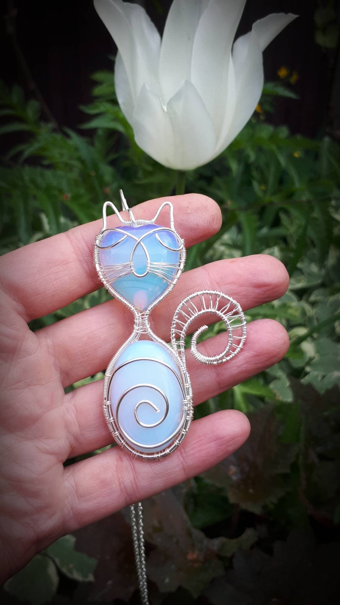 Moonstone opalite kitty pendant Wire Wrapped cat Silver | Etsy