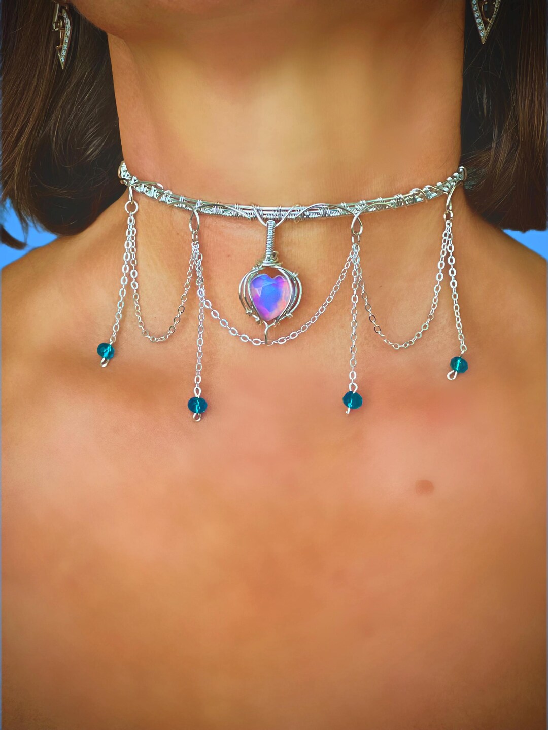 Wire Weaving Silver Choker Necklace, Heart Choker With Aurora Opal, Gemstone Choker - Etsy