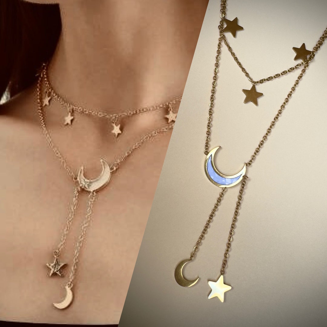 Double Layered Star, Moon Design Tassel Pendant Necklace, Gold Moon and ...