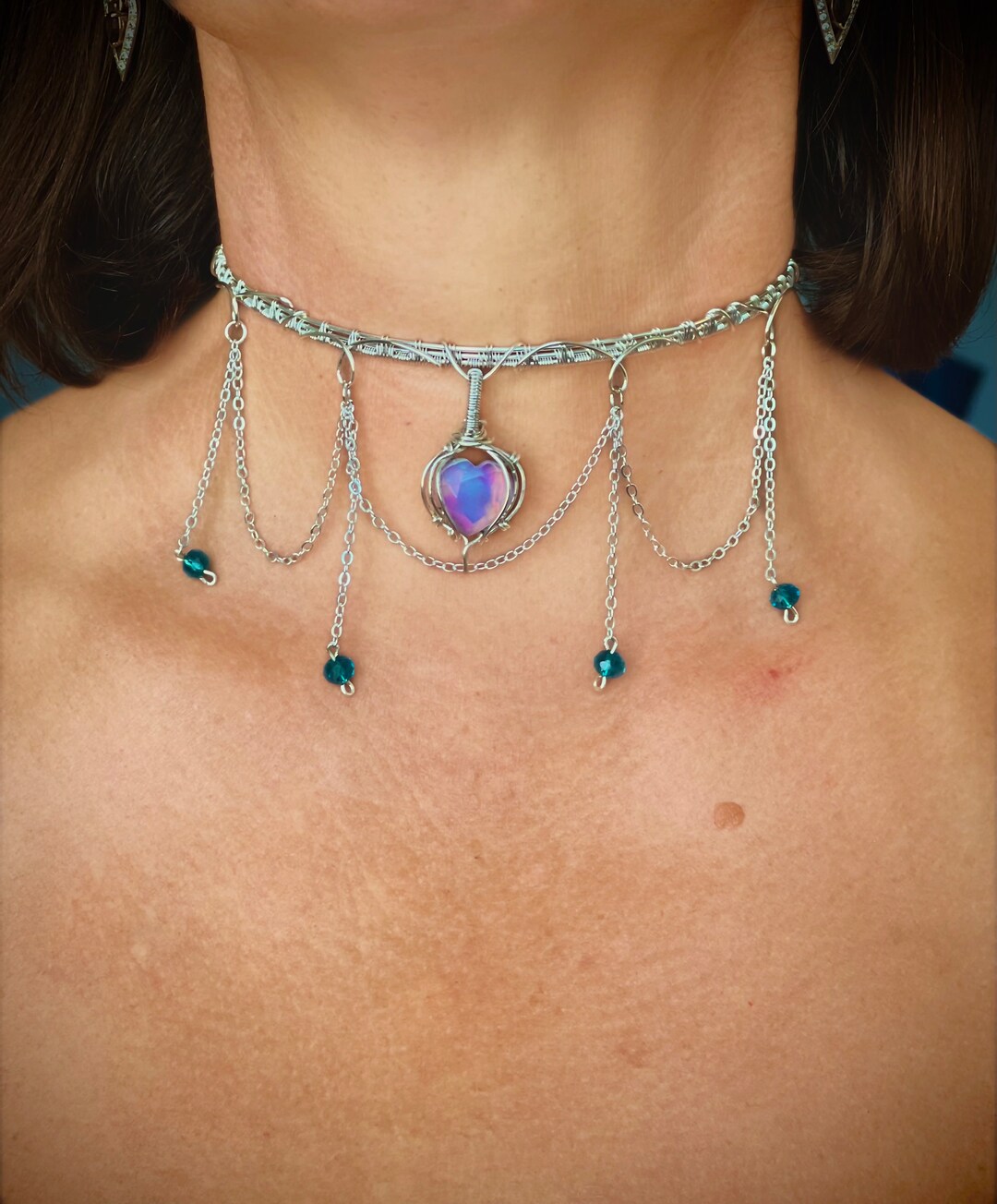Wire Weaving Silver Choker Necklace, Heart Choker With Aurora Opal, Gemstone Choker - Etsy