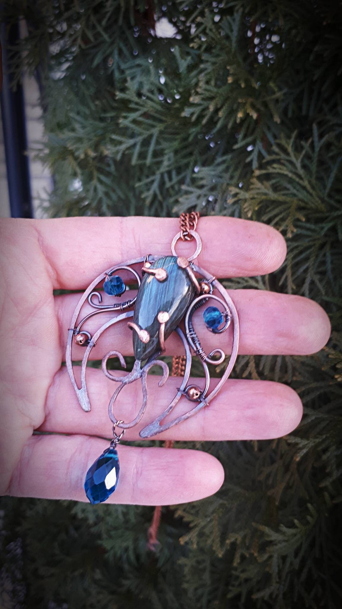 Blue Labradorite Crescent Moon Pendant Wire Wrapped Copper - Etsy