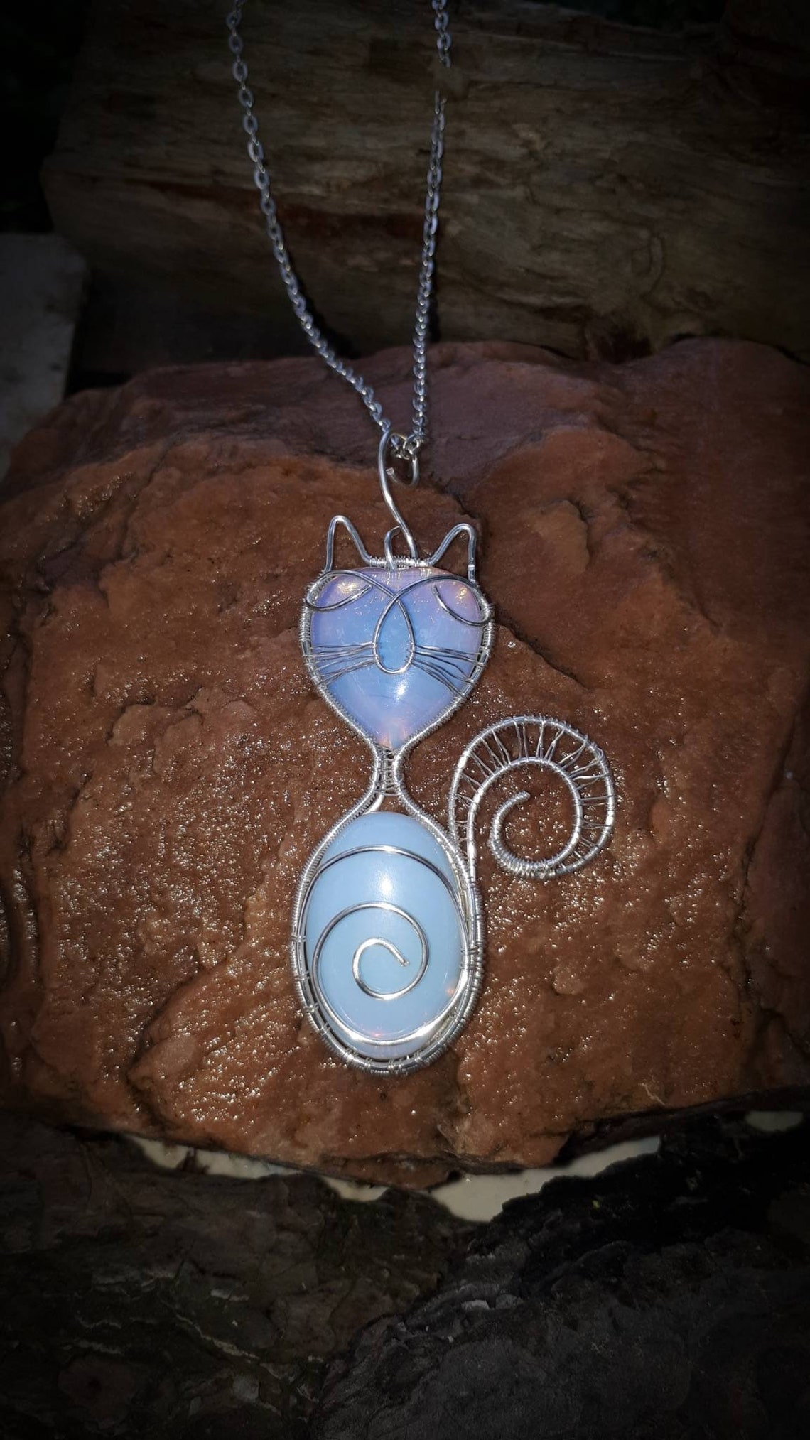 Moonstone opalite kitty pendant Wire Wrapped cat Silver | Etsy