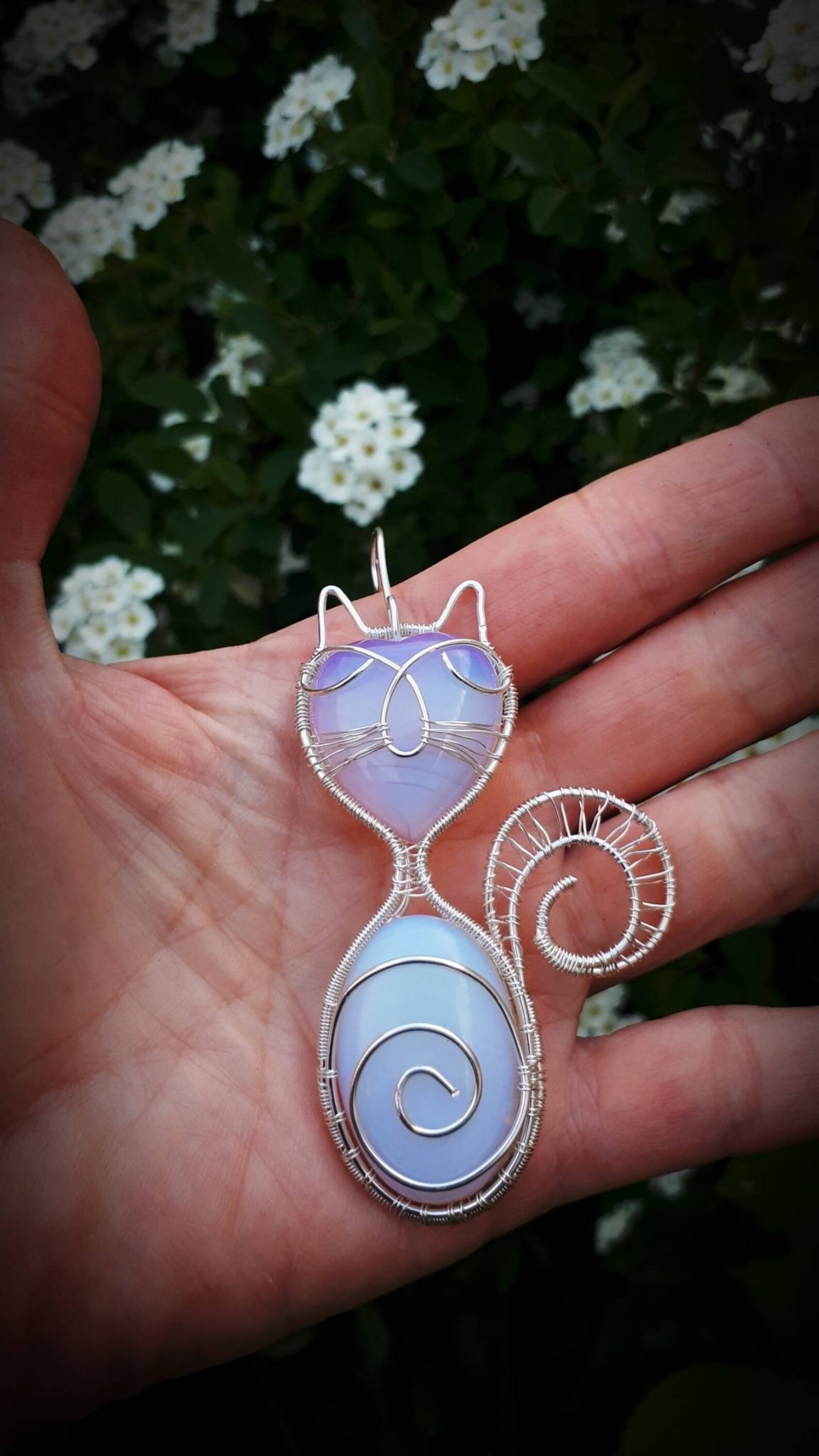 Moonstone opalite kitty pendant Wire Wrapped cat Silver | Etsy