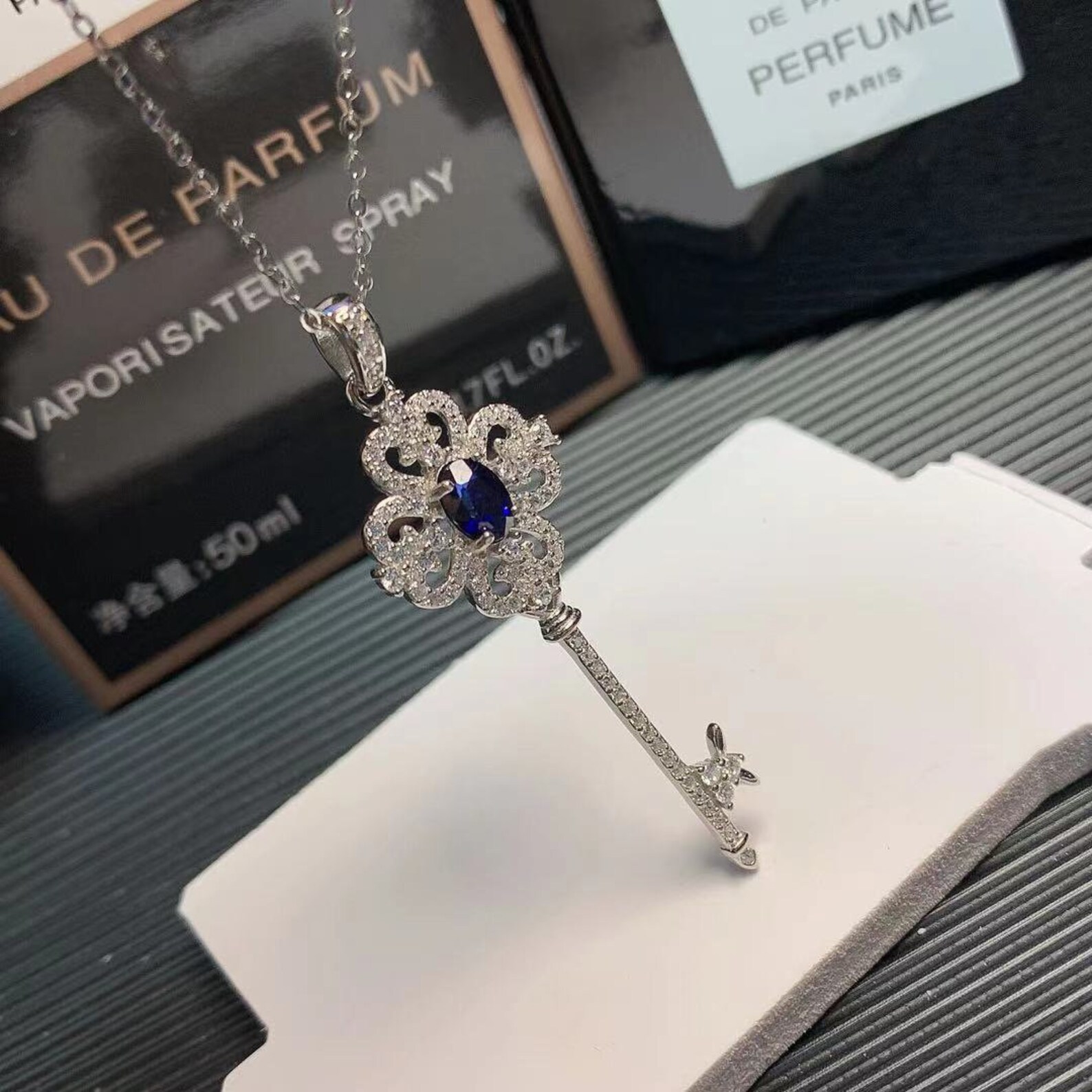 Natural Sapphire Key Necklace, Vintage Key Pendant Necklace, Gold ...