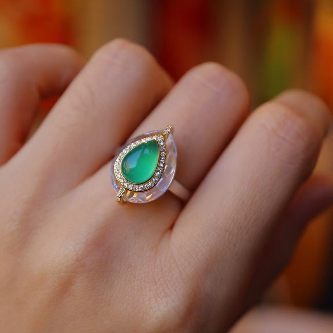 Green Jade Engagement Ring, Teardrop Jade Ring, Natural Jade Promise ...