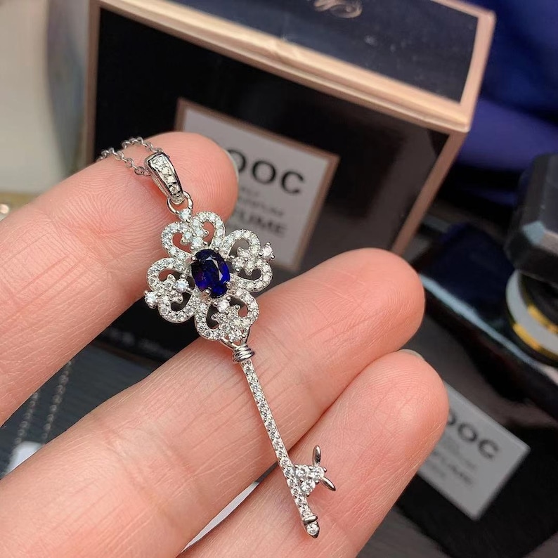 Natural Sapphire Key Necklace, Vintage Key Pendant Necklace, Gold ...