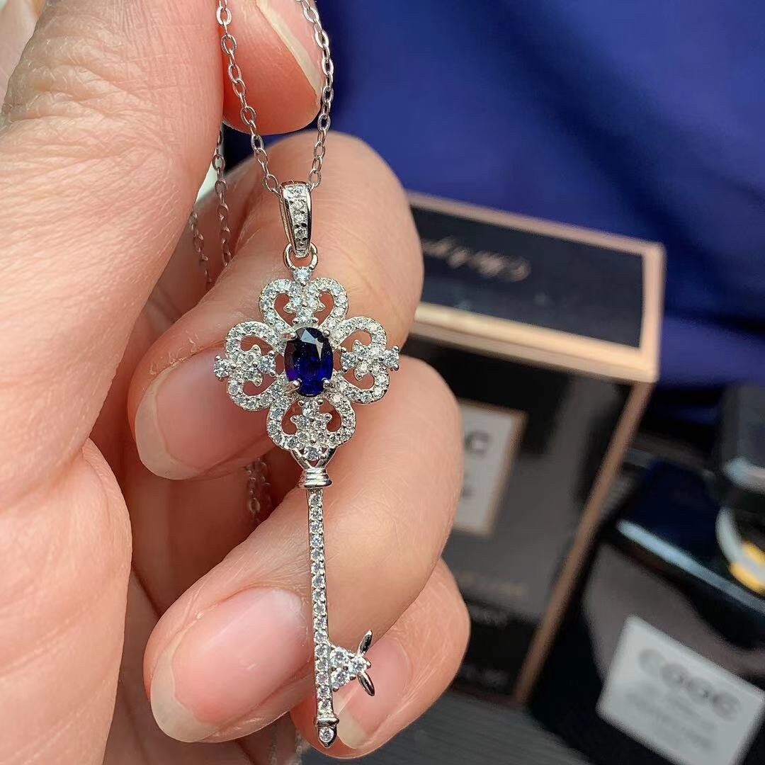 Natural Sapphire Key Necklace, Vintage Key Pendant Necklace, Gold ...