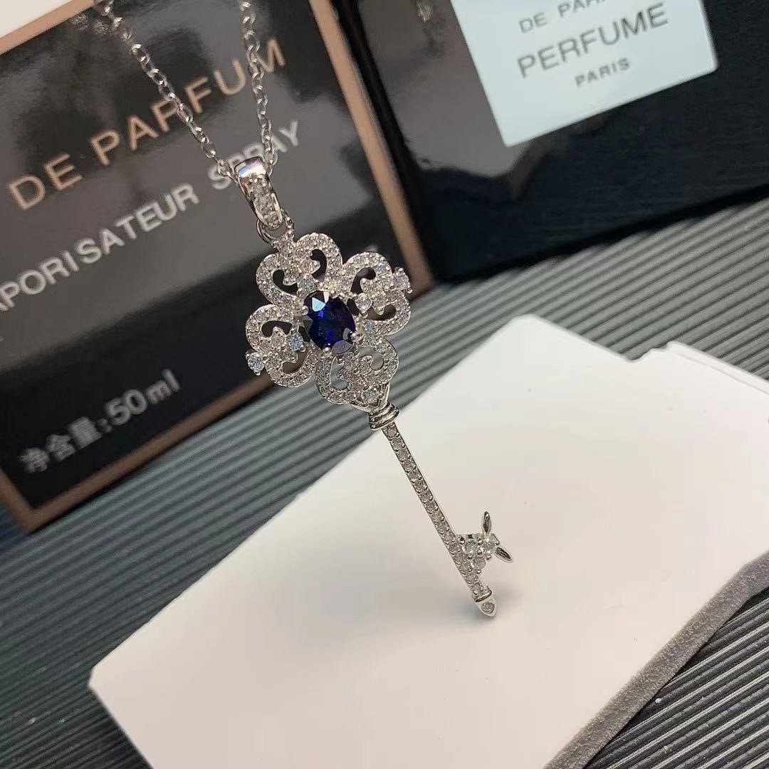 Natural Sapphire Key Necklace, Vintage Key Pendant Necklace, Gold ...