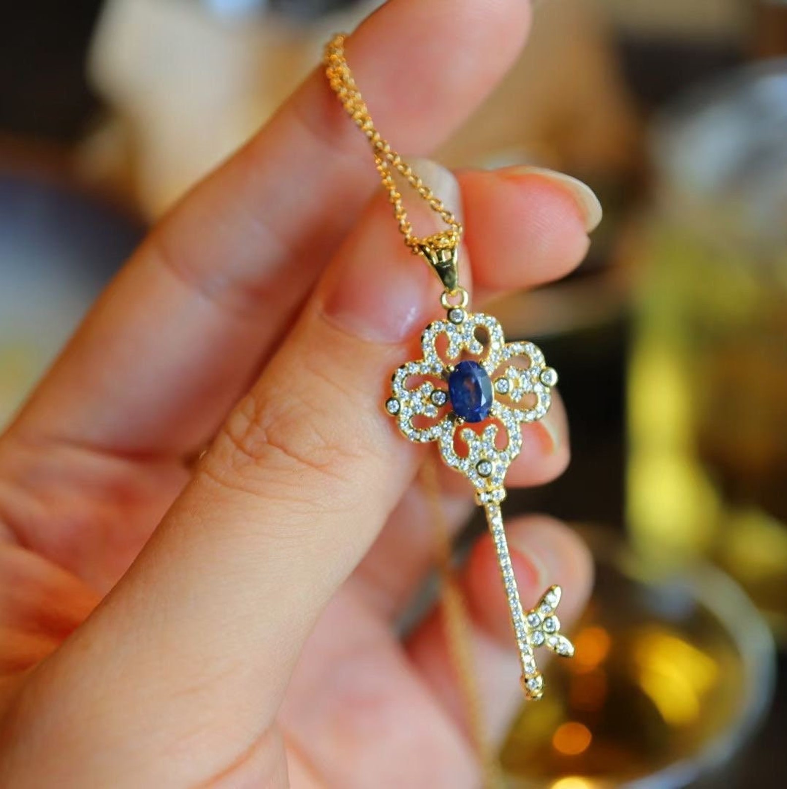 Natural Sapphire Key Necklace Vintage Key Pendant Necklace - Etsy