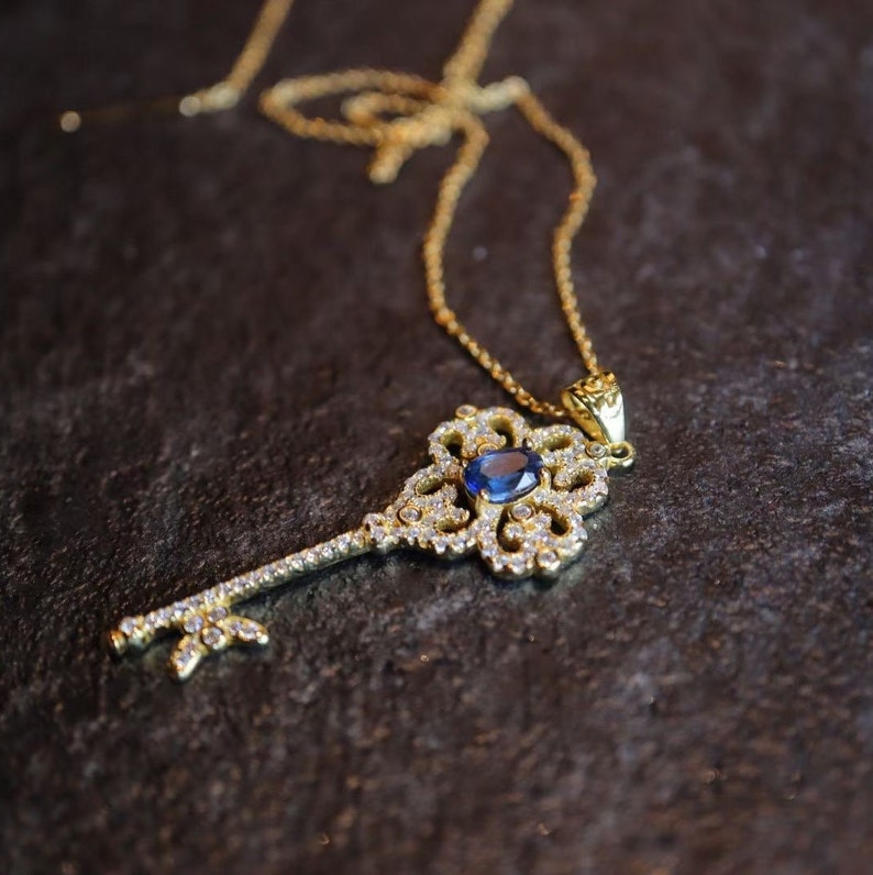Natural Sapphire Key Necklace Vintage Key Pendant Necklace - Etsy