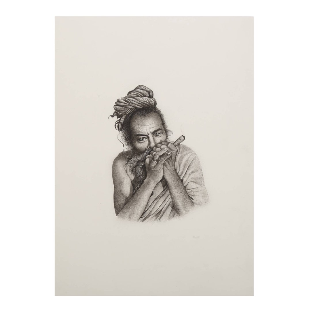 Monochrome 2 Painting of Indian Sadhu Smoking Chilam Gypsy Life Paper ...