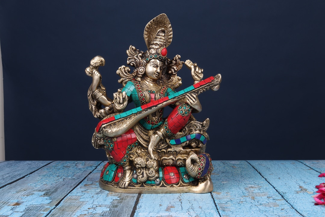 Maa Sarasvati Brass Statue - Devi Sharda Sculpture - Hindu Goddess ...