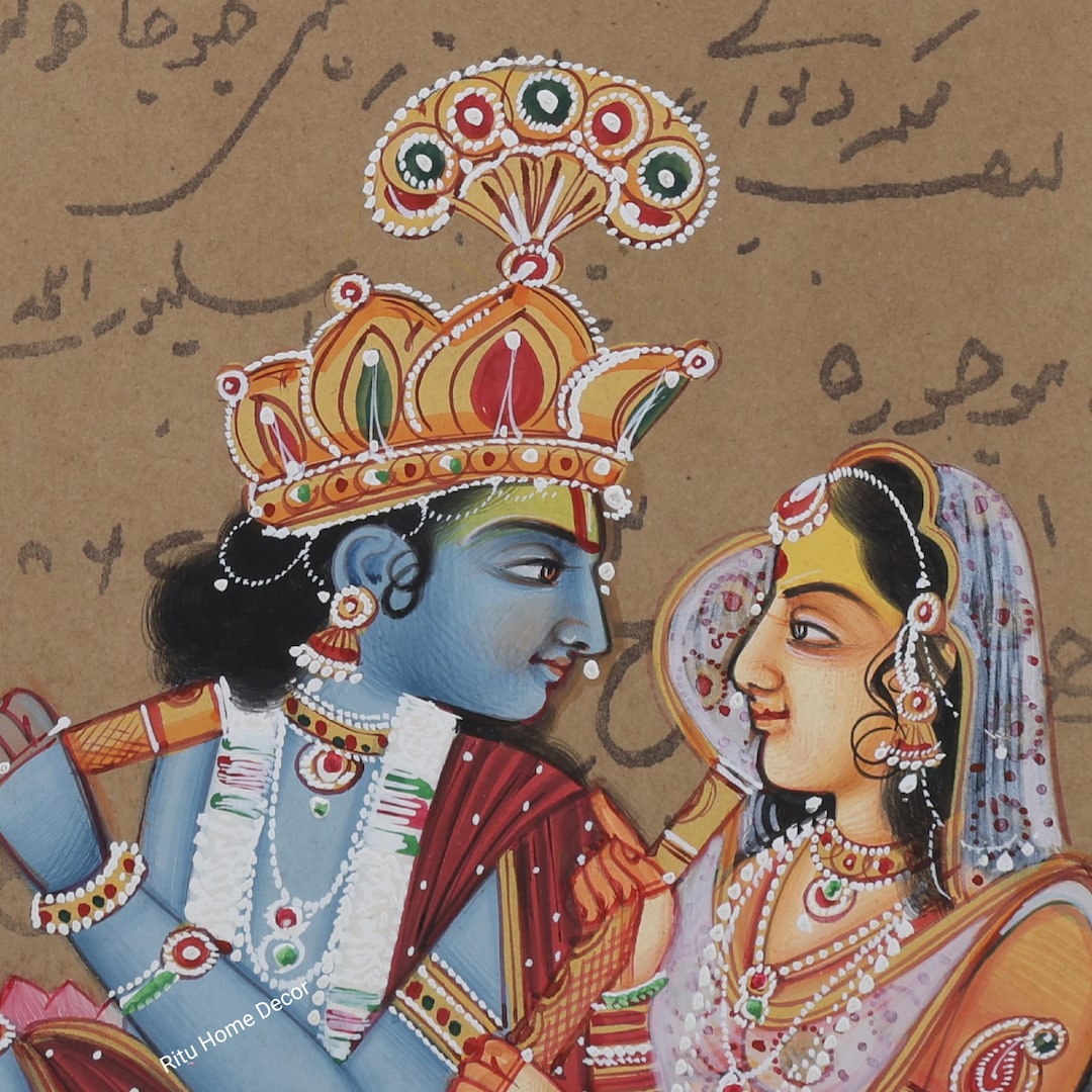 Radha Krishna Love Scene Painting on Old Stamp Paper - Handmade Art for ...
