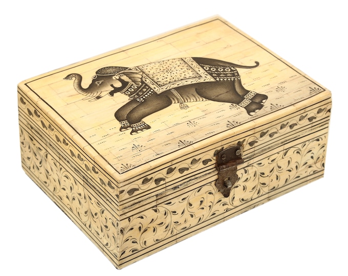 Bone Wood Made Jewelry Box Handmade Painting of Elephant on Box Home ...