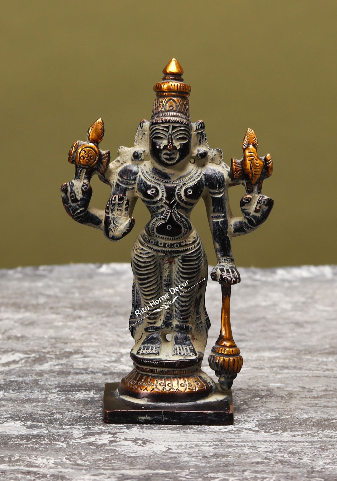 Brass Lord Vishnu Statue - Antique Finish God Narayan Idol - Vintage ...