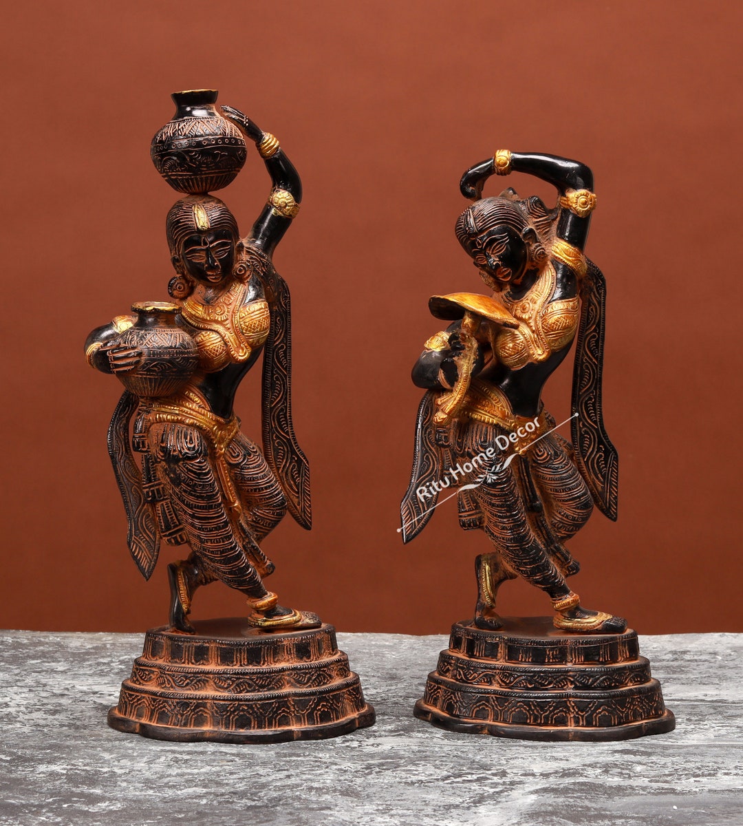 Brass Shringar Lady & Lady With Pot Statue - Antique Finish Look Indian ...