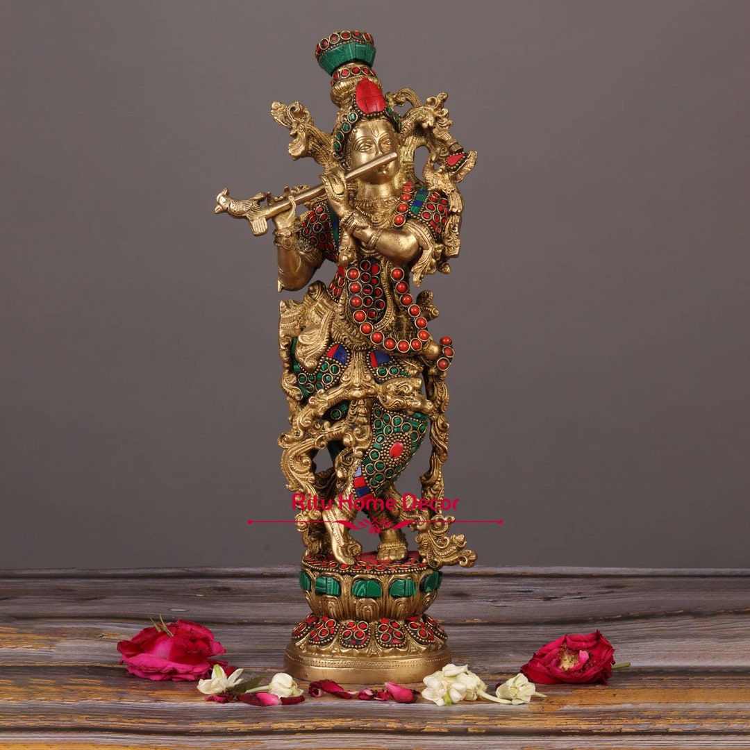 Brass Lord Krishna Statue - Madhav Idol - Hindu God Figurine - 14 ...