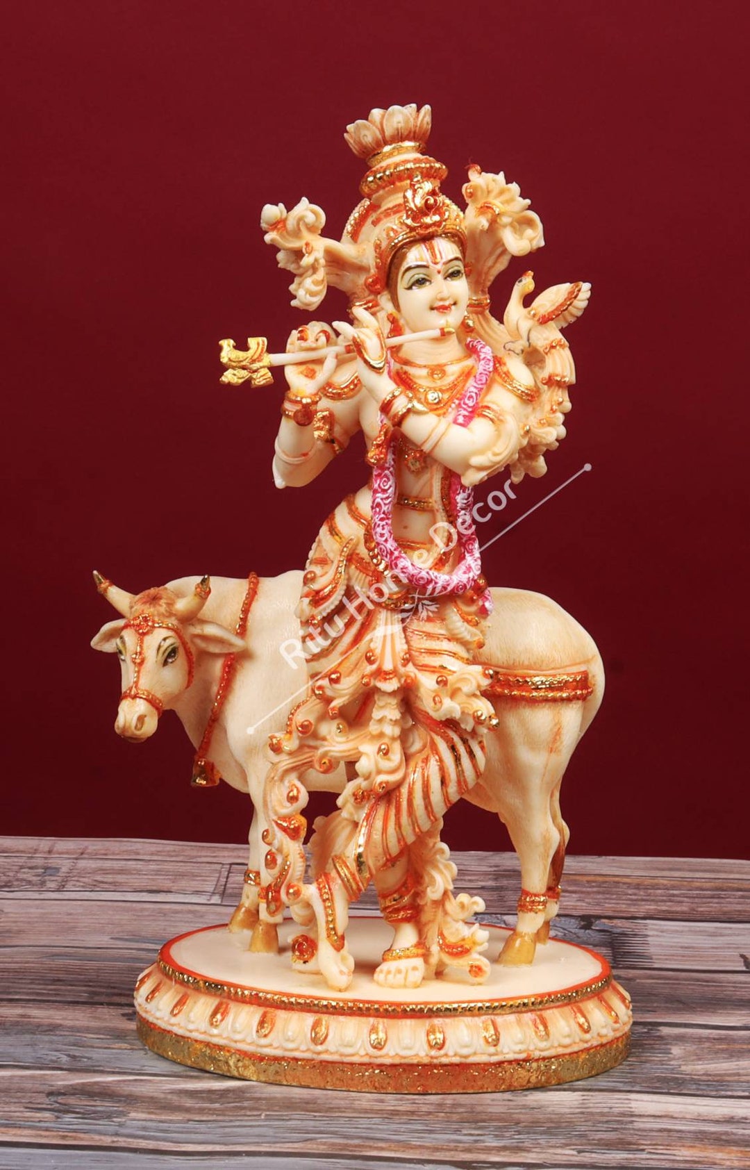 Lord Krishna Statue With Cow, 27CM Hand Painted Dust Marble Cow Krishna ...