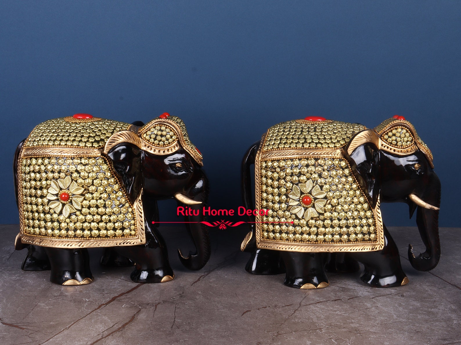 Wooden Elephant Pair Figurine - Metal Flower Decorated Sculpture - Wild ...