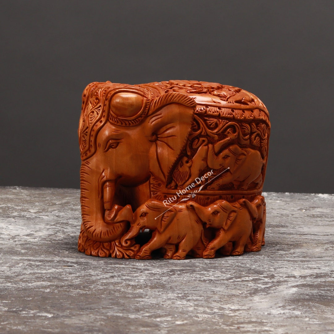 Wooden Elephant Family Statue - Wild Animal Statue - Handmade Animal ...