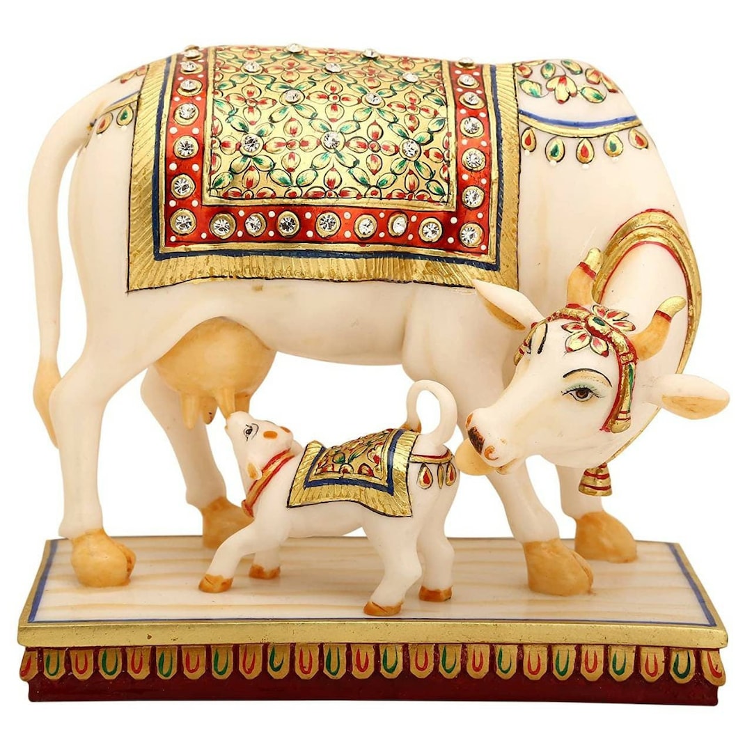 Kamdhenu Cow and Calf Figurine - Gai Bachda Sculpture - Hindu Religious ...