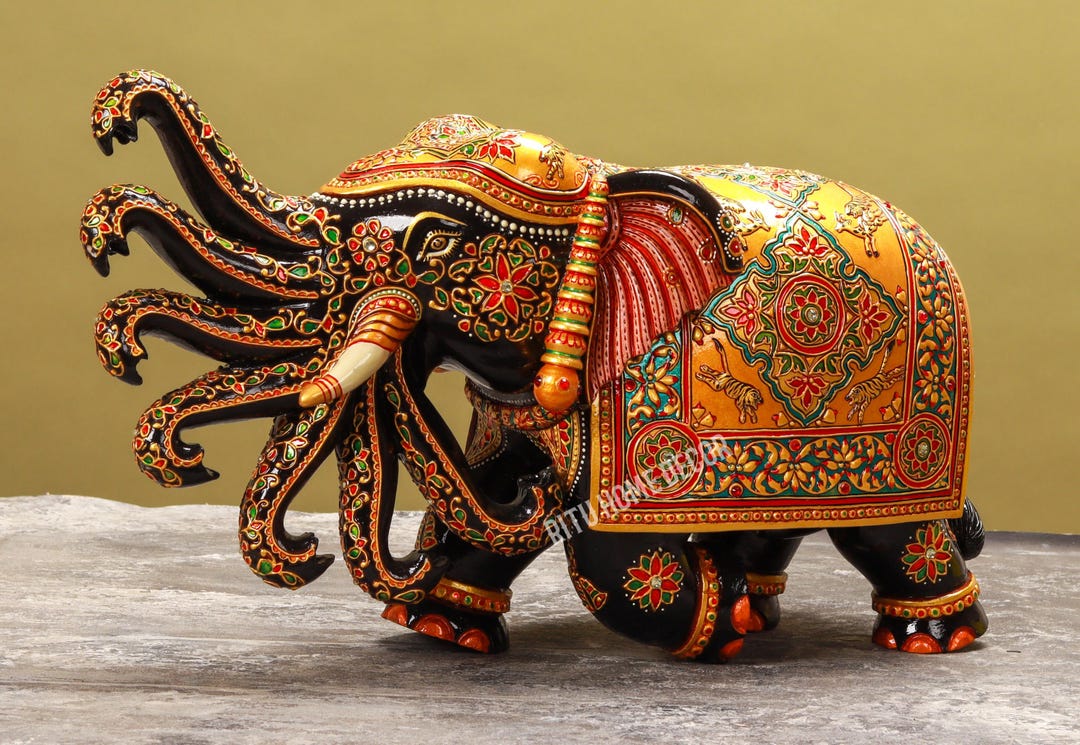 Wooden Airawat Elephant Statue - Lord Indra Wagon Figurine - Divine ...