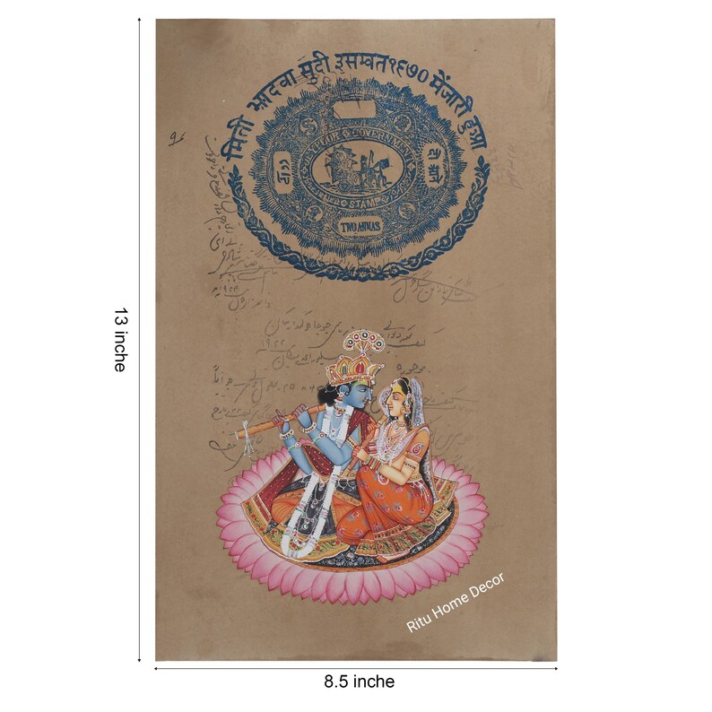 Radha Krishna Love Scene Painting on Old Stamp Paper - Handmade Art for ...