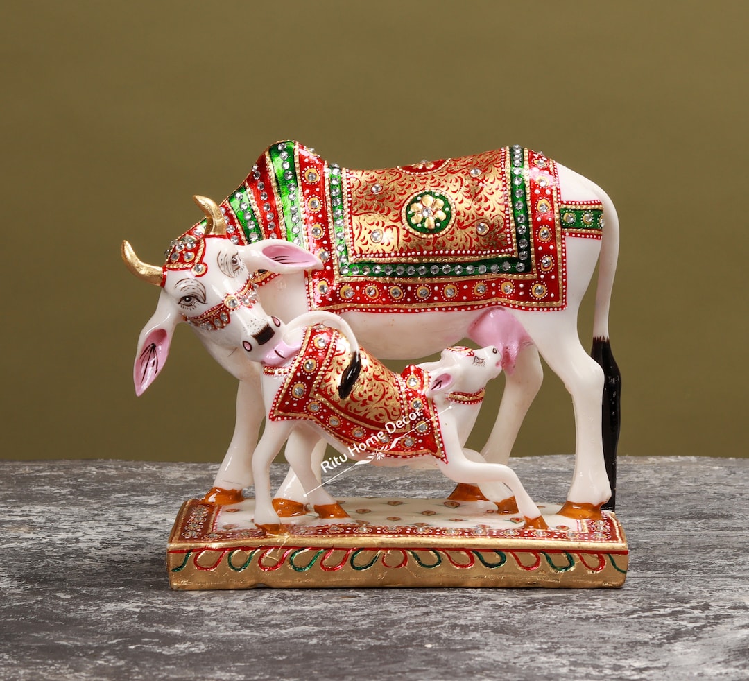 Cow Calf Culture Marble Statue - Kamdhenu Cow & Baby Idol - Gai Bachda ...