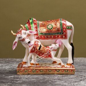 Cow Calf Culture Marble Statue - Kamdhenu Cow & Baby Idol - Gai Bachda ...