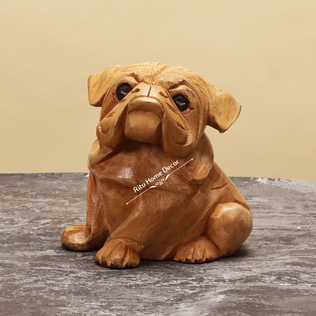 Wooden Dog Statue for Home Decor - Pet Animal Figurine - Handmade Puppy ...