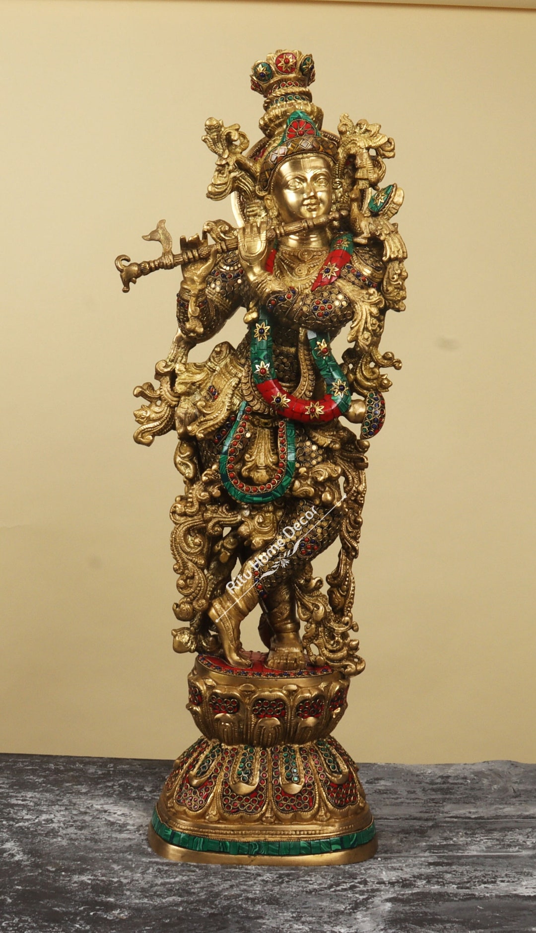 Lord Krishna Brass Statue With Mosaic Stonework, 75 Cm Big Large ...