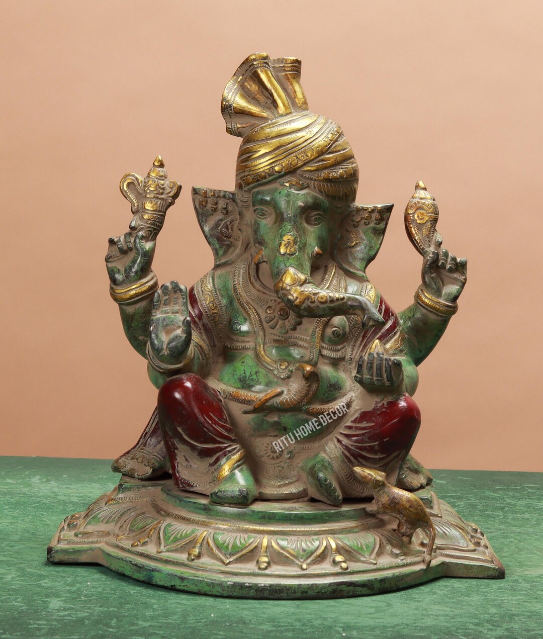 Brass Ganesha Statue - 12" Ganpati for Home Temple - Big Astha Ganesh ...