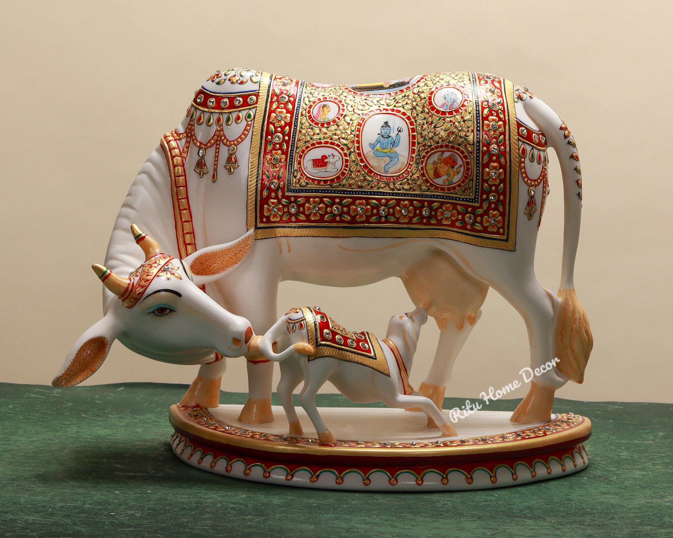 Kamdhenu Cow and Calf Figurine - 9" Gai Bachda Sculpture - Hindu ...