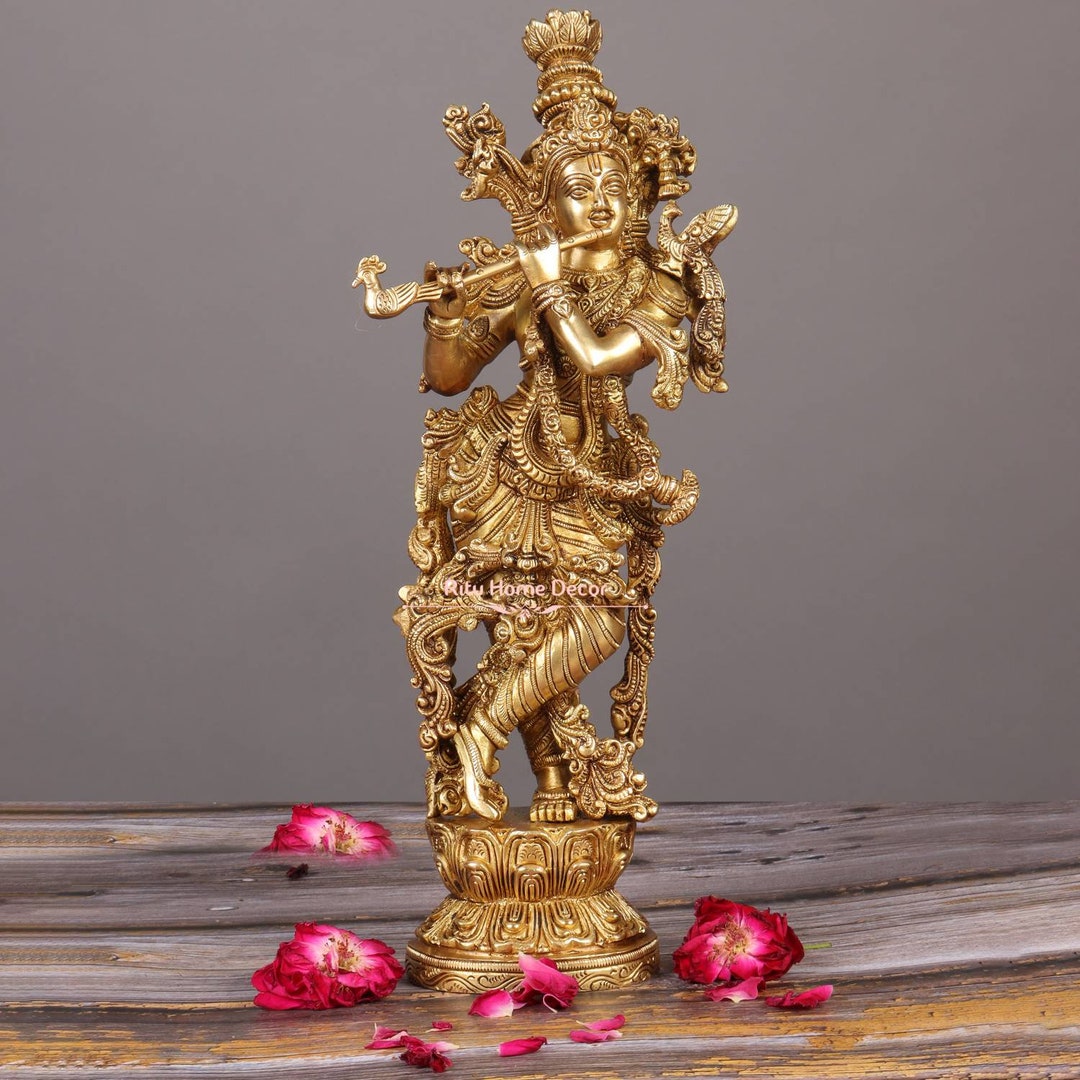 Brass Lord Krishna Statue – Hindu God Idol, Temple Decor (14 Inch) - Etsy