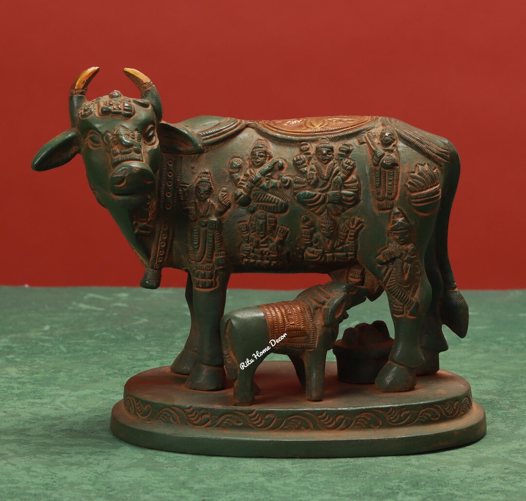 Kamdhenu Cow and Calf Antique Finish Figurine - Gai Bachda Sculpture ...