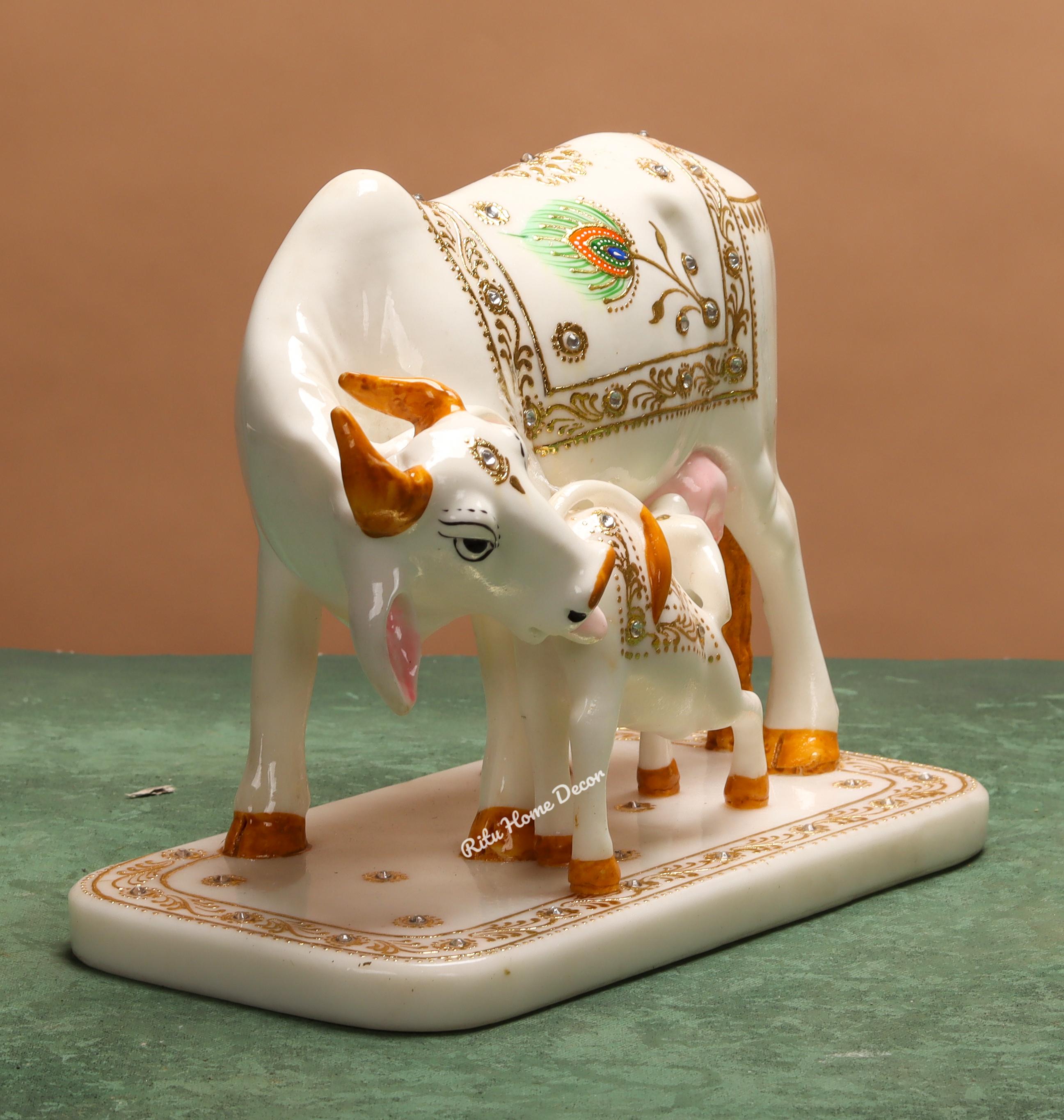 Kamdhenu Cow and Calf 7" Figurine - Gai Bachda Sculpture - Hindu ...