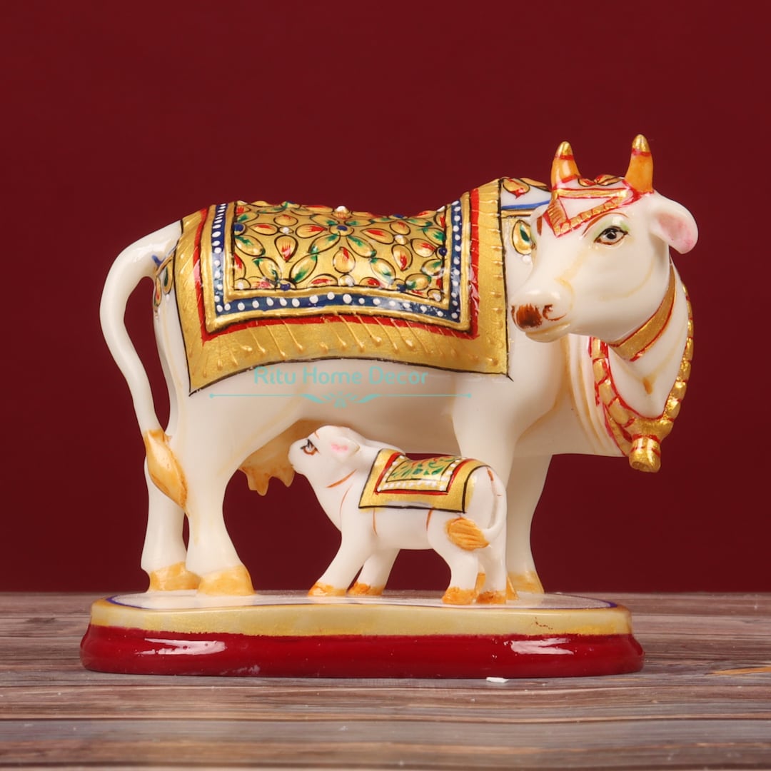 Cow Calf Culture Marble Statue - 3" Kamdhenu Cow & Baby Idol - Gai ...