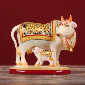 Cow Calf Culture Marble Statue - 3" Kamdhenu Cow & Baby Idol - Gai ...